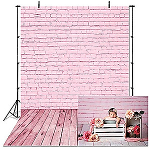 Mocsicka Pink Brick Wall with Wood Floor Photography Backdrop 5x7ft Vinyl Newborn Baby Photoshoot Children Kids Potrait Background Photo Booth Studio Props
