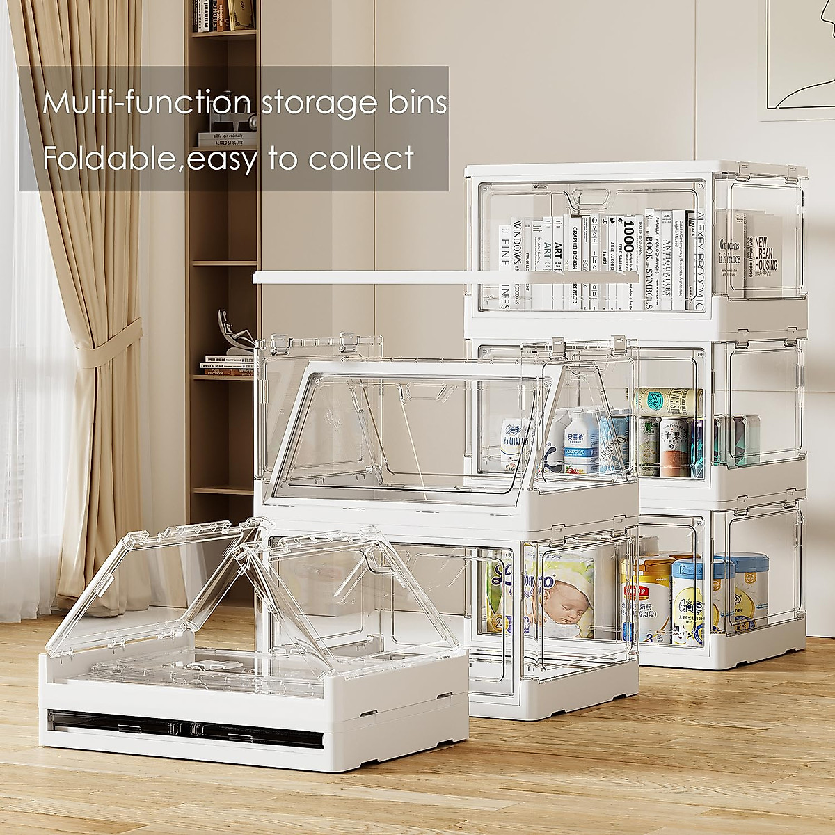 PRANDOM Stackable Clear Storage Bins with Lids,70 Qt Plastic Collapsible Organizer Containers Boxes with Doors for Closet Living Room Bedroom White 15x11.2x8.7 x 3-Pack