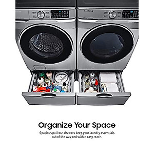 SAMSUNG 27-Inch Washer Dryer Pedestal Stand w/ Pull Out Laundry Storage Drawer, Stainless Steel, WE402NP/A3, Platinum