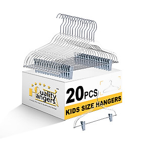 Quality Clear Kids Pants Hangers with Clips 20 Pack | Heavy Duty Skirt Hangers with Swivel Hook and Notches | Space Saving Kids Clip Hangers for Pants | 13.7 Inch (20, Clear)