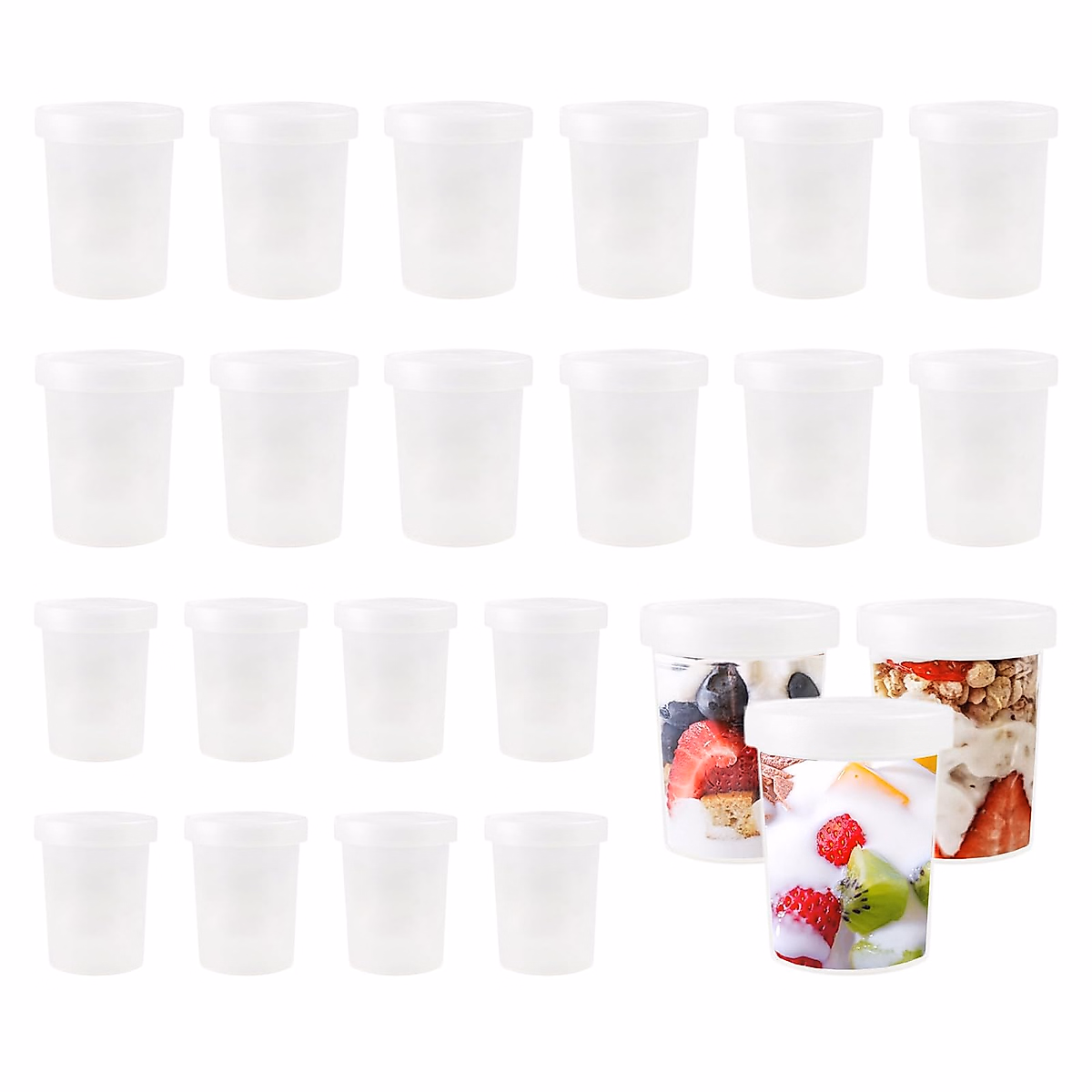 Hyuetrsa 20 Pack 10 Oz Ice Cream Containers, Freezer Food Storage Jars Plastic Pint Dessert Containers Reusable Pudding Cups for Homemade Ice-Cream,Jam,Fruit,Dessert,Sundaes, Soup