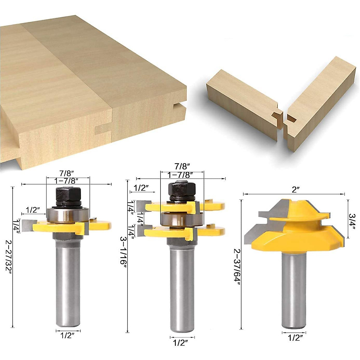 Lock Miter 45 Degree Joint Router Bits + 2Pcs Tongue and Groove Set [1/2-Inch Shank], APLUS 45° Lock Mitre Glue Joint Router Bit + Router Bit Set 3 Teeth T Shape, Wood Milling Cutter Woodworking Tool