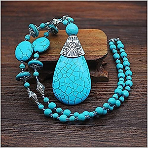 Bohemian Turquoise Necklace for Women Western Jewelry Boho Necklace Vintage Turquoise Pendant Long Choker Necklace (Turquoise)