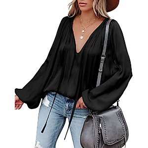LAMISSCHE Womens Sexy Deep V Neck Blouse Lantern Long Sleeve Chiffon Shirt Oversized Drawstring Silk Satin Tunic(Black,L)