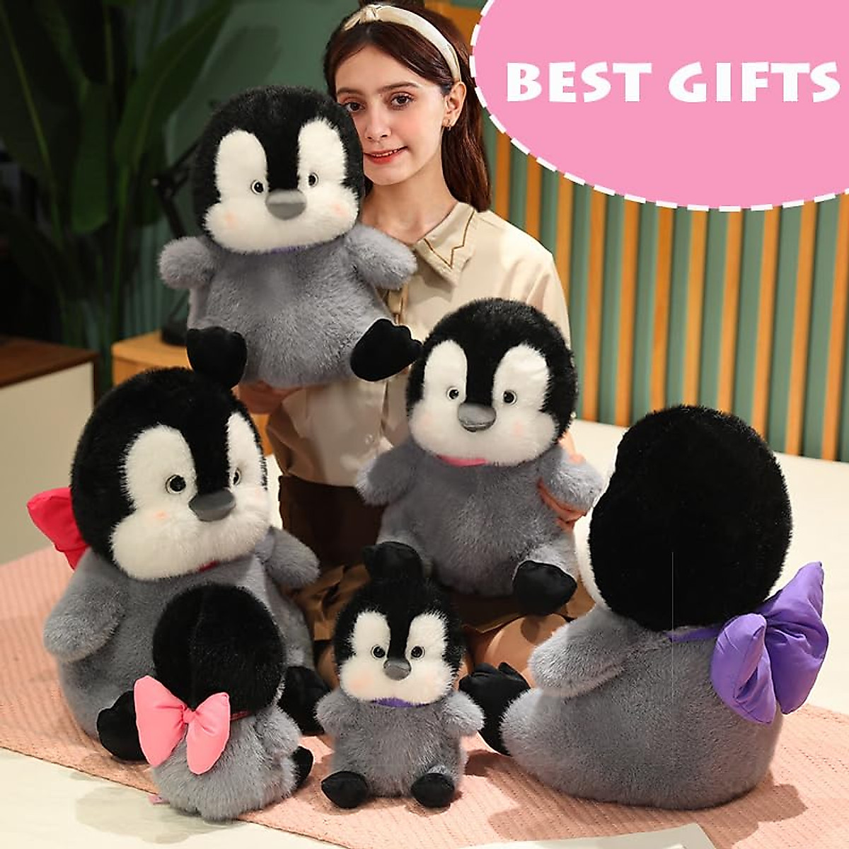 ELAINREN Stuffed Furry Penguin Toy with Bow Decor, Super Soft Black Penguin Plush Pillow Cuddle Anime Penguin Plushie Doll Gifts/22cm
