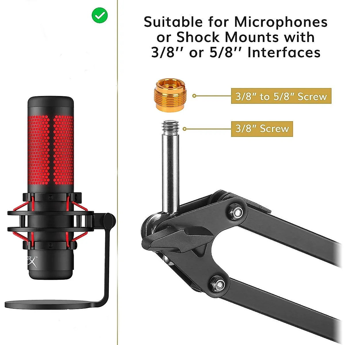 Compatible with HyperX Quadcast S Mic Boom Arm, For Hyperx Quadcast Microphone Adjustable Stand with Pop Filter,Windscreen to Improve Sound Quality By YUZUHOME