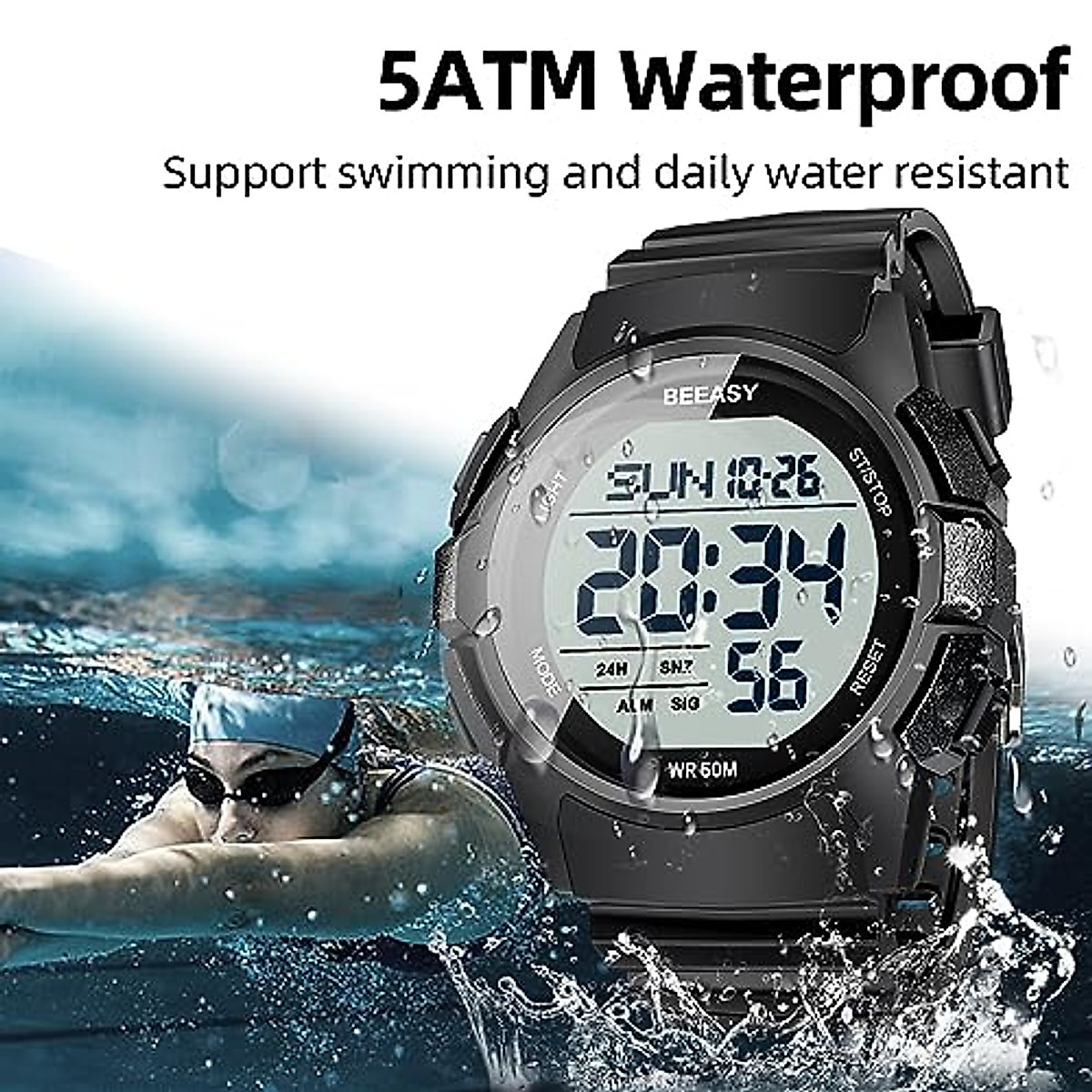 Beeasy Men Digital Sports Watch,Waterproof Watch with Stopwatch Countdown Timer Alarm Function Dual Time Watch for Mens Student