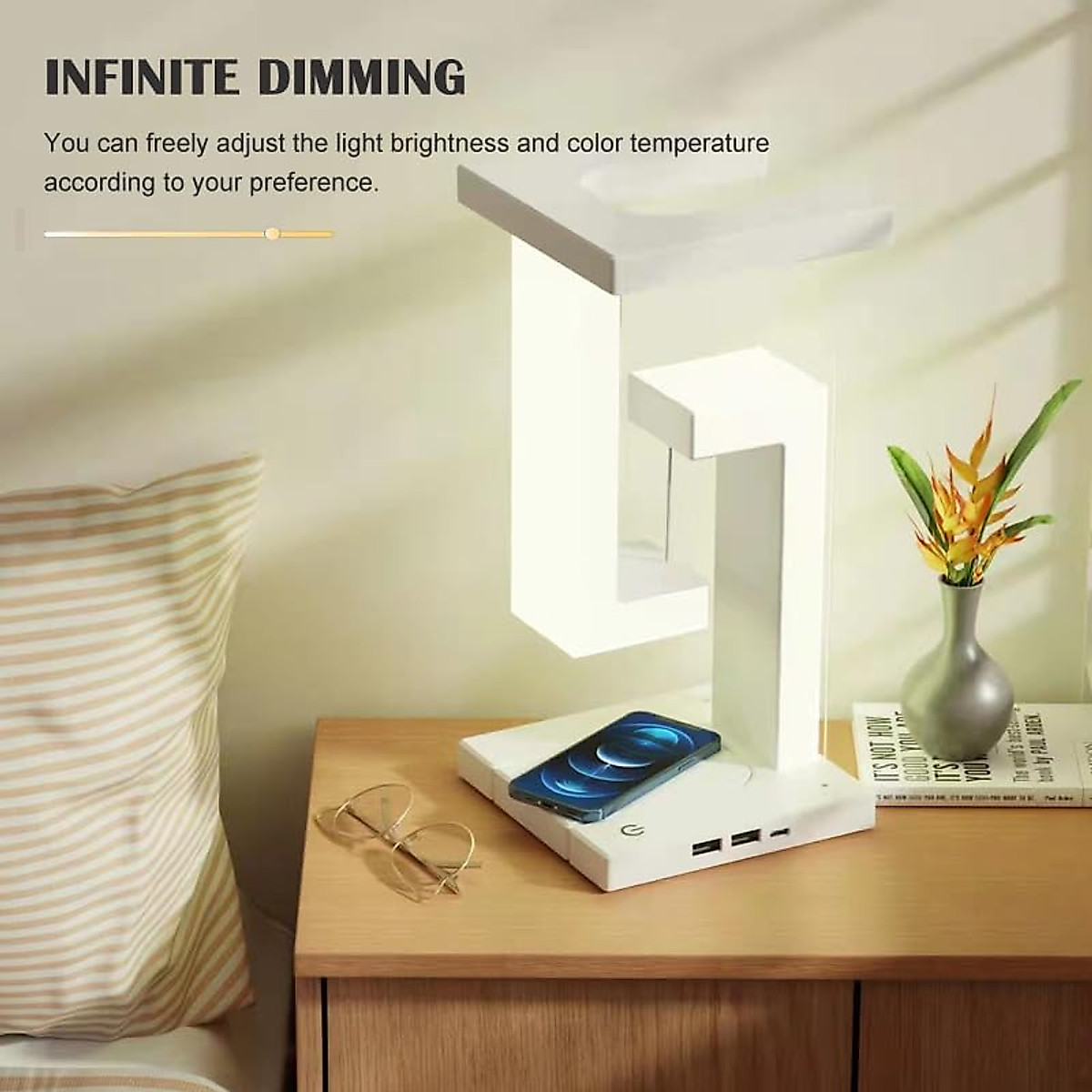 TEDATATA Suspension Anti-Gravity Table Lamp, Wireless Charging of Mobile Phone, Creative Home Furnishings LED Bedside Lamp, Bedroom Sleep Light Reading Light