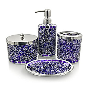 LushAccents Bathroom Accessories Set, 5-Piece Decorative Glass Bathroom Accessories Set, Soap Dispenser, Soap Tray, Vanity Tray, Jar, Toothbrush Holder, Elegant Lavender Mosaic Glass