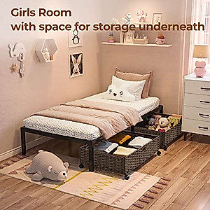 Rolanstar Bed Frame, Twin Bed Frame with 2 Rattan Baskets, 14 “ Metal Platform Bed Frame, Steel Slat Support, No Box Spring Needed, Easy Assembly, Noise Free, Bed with Large Storage Space up to 350LB