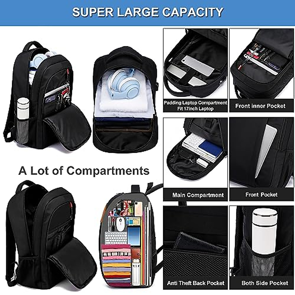 EZUOLA Backpack for Men, 17 inch Travel Laptop Backpack Business Work Laptop Bag with USB Charging Port Water Resistant Computer Bag College Bookbags, Black