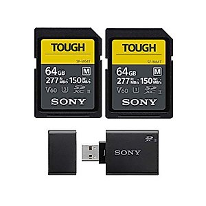 Sony 64GB SF-M Series High Speed Tough SD Card (2 Pack) with MRW-S1 UHS-II USB 3.1 Reader Bundle (3 Items)