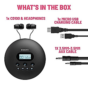 Oakcastle CD100 Rechargeable Bluetooth CD Player | 12hr Portable Playtime | in Car Compatible Personal CD Player | Headphones Included, AUX Output, Anti-Skip Protection, Custom EQ Modes, CD Walkman