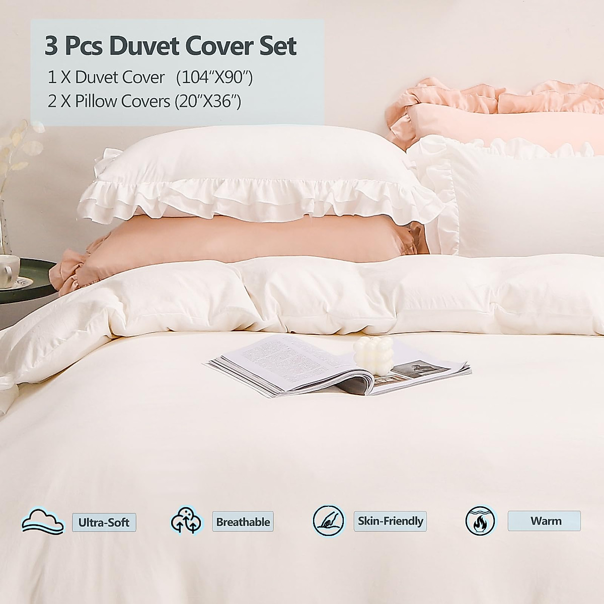 3 Pcs Duvet Cover King Size - 1 White Ruffle Duvet Comforter Cover with 2 Shabby Pillow Cases Ultra Soft Decorative Farmhouse Zipper Closure Breathable Quilt Cover Set Washed Cotton Bedding Bag Set
