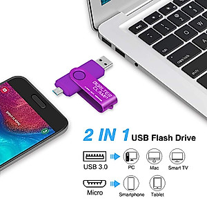 BorlterClamp 128GB USB 3.0 Flash Drive Dual Port Memory Stick, OTG Thumb Drive with Micro USB Drive Port for Android Smartphone Tablet & Computer (Purple)