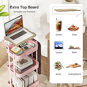 DTK 3 Tier Metal Utility Rolling Cart with Table Top and Side Bags, Metal Tray Storage Organizer Cart with Wheels, Art Craft Cart with 4 Hooks for Kitchen Bathroom Office Living Room (Pink)
