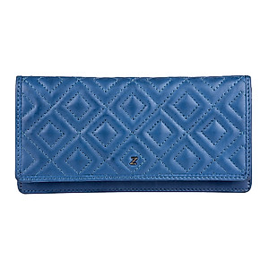 Zinda Genuine Leathers Women’s Wallet RFID Protection Long Purse Flap Over Quilted (Blue)