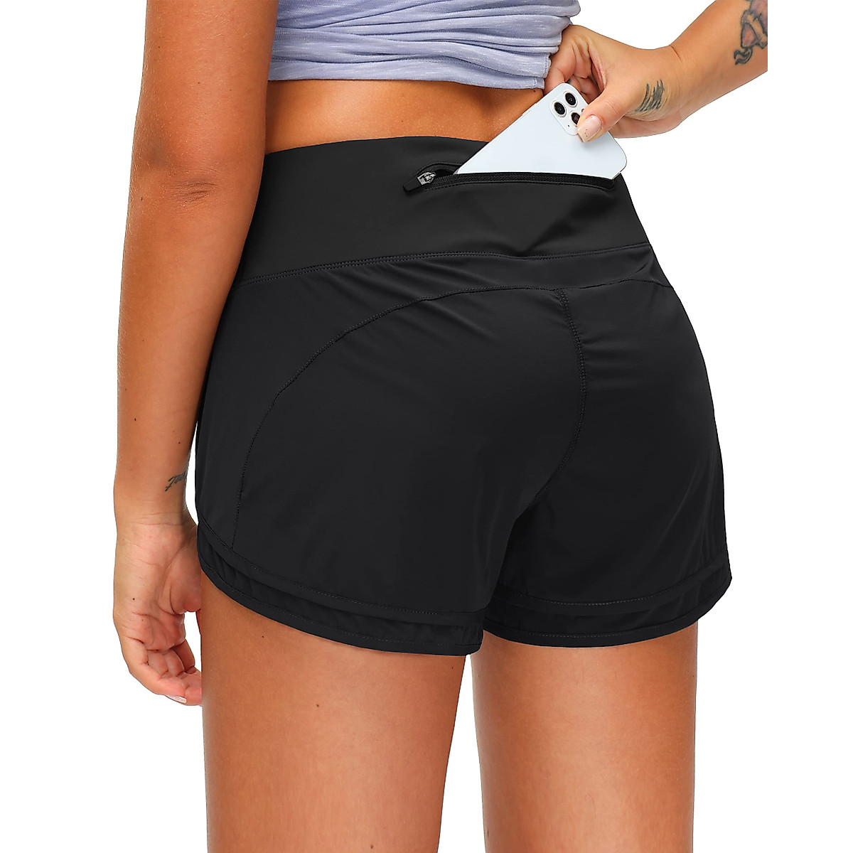 Women's Running Shorts High Waisted Quick-Dry 3 Inch Gym Workout Athletic Shorts for Women with Zipper Pocket(Black, M)