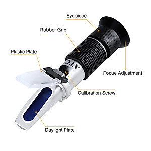 Brix Refractometer Meter, Triple Scale Honey Tester (Water Content: 12-27%, Brix: 58-90%, Be': 38-43), Handheld Honey Refractometer for Honey, Maple Syrup, Molasses & Bee Keeping