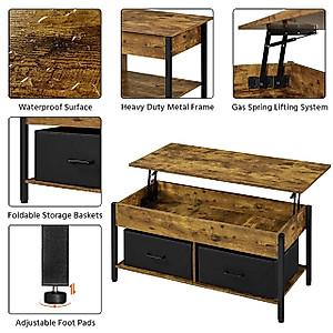 Yaheetech Living Room 3-Piece Coffee Table Sets for Home and Office, Lift Top Coffee Table with Baskets & Hidden Compartment, 2PCS Rustic Industrial End Tables with 2-Tier Shelves, Rustic Brown