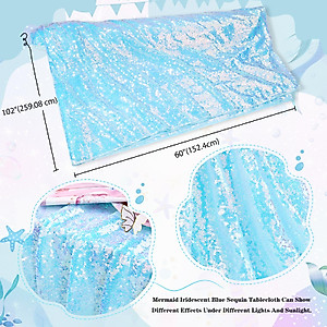 QueenDream Sequin Rectangular Table Cloth 60x102 Inch Blue Iridescent Sparkle Tablecloth Overlay for Wedding Birthday Baby Shower Bridal Outdoor Banquet Decoration