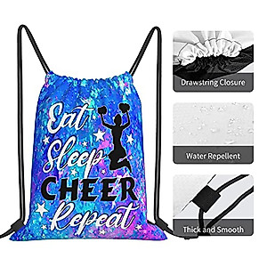 Pinoze Eat Sleep Cheer Repeat Drawstring Backpack Sport Gym String Bag Water Resistant Drawstring Sackpack For Womens