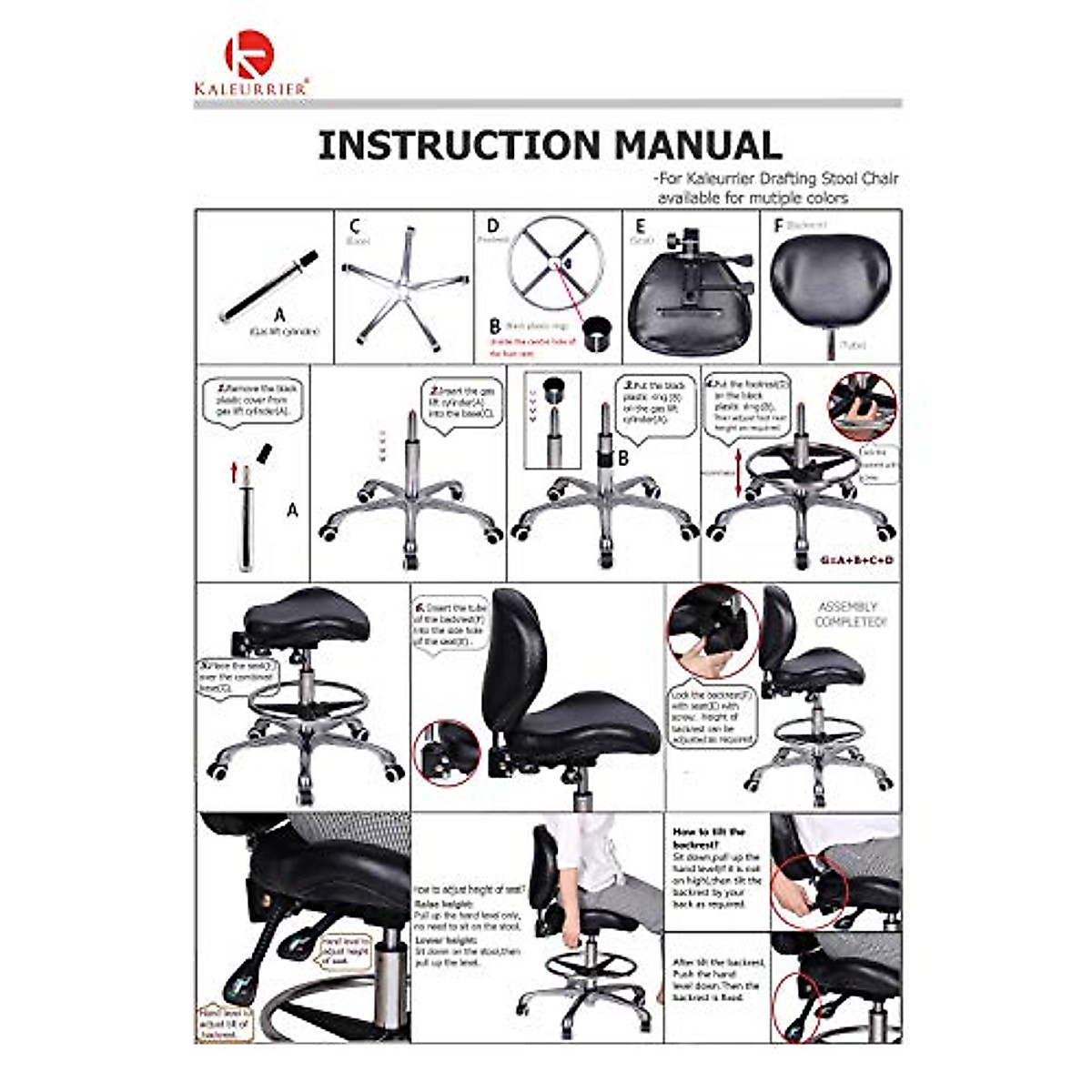 Kaleurrier Adjustable Stools Drafting Chair with Backrest & Foot Rest,Tilt Back,Peneumatic Lifting Height,Swivel Seat,Rolling wheels,for Studio,Dental,Office,Salon and Counter,Home Desk Chairs (Black)