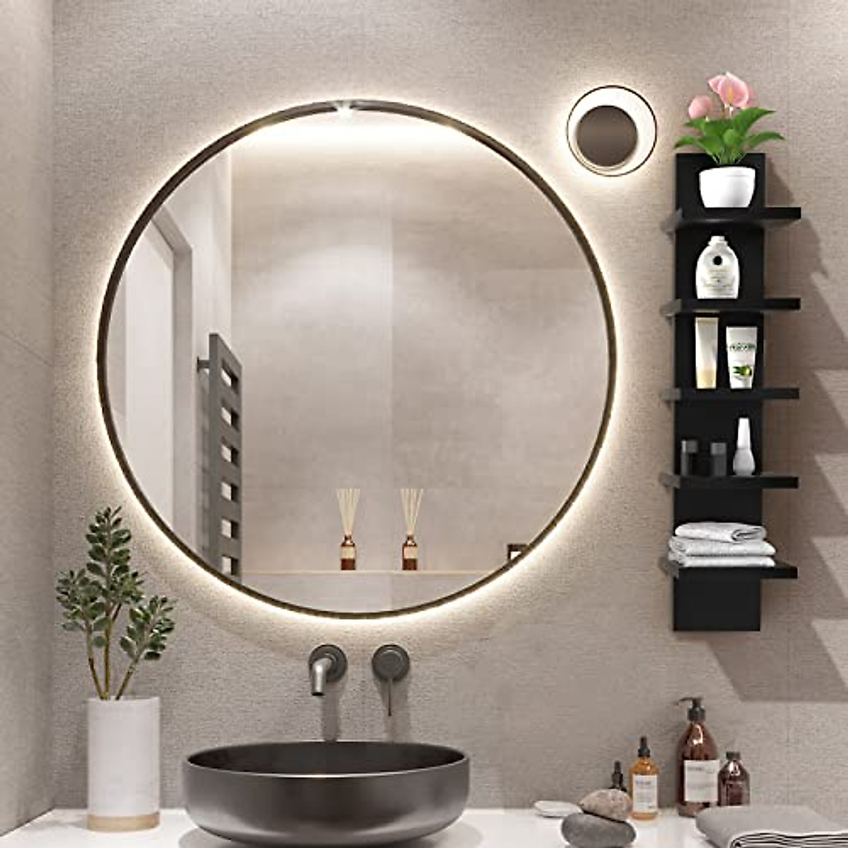 5 Tier Wall Shelves Black, Vertical Column Shelf Floating Storage Home Decor Organizer Tall Tower Design Utility Shelving Bedroom Living Room