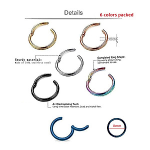 TOPBRIGHT 6 Pcs a Set Seamless Septum Rings Clicker 16G Stainless Steel Hinged Segment Rings for Daith and Lip Piercing (8mm)…