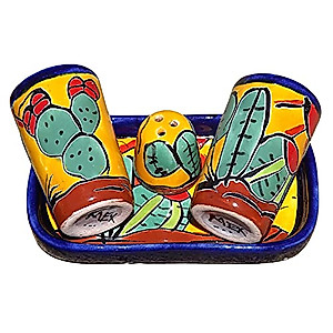 MEXTEQUIL - Authentic Mexican Talavera Tequila Shot Glasse with Tray and Salt Shaker - 2 Shots, 4pieces - Giffable - Artisanal colorful hand-painted (Cactus)