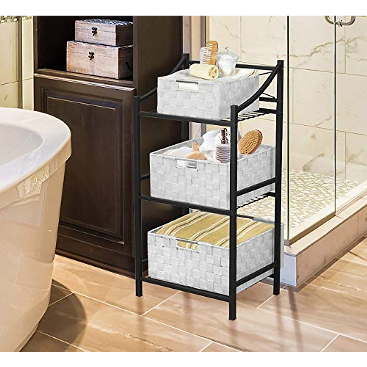 Sorbus Storage Box Woven Basket Bin Container Tote Cube Organizer Set Stackable Storage Basket Woven Strap Shelf Organizer Built-In Carry Handles (White)