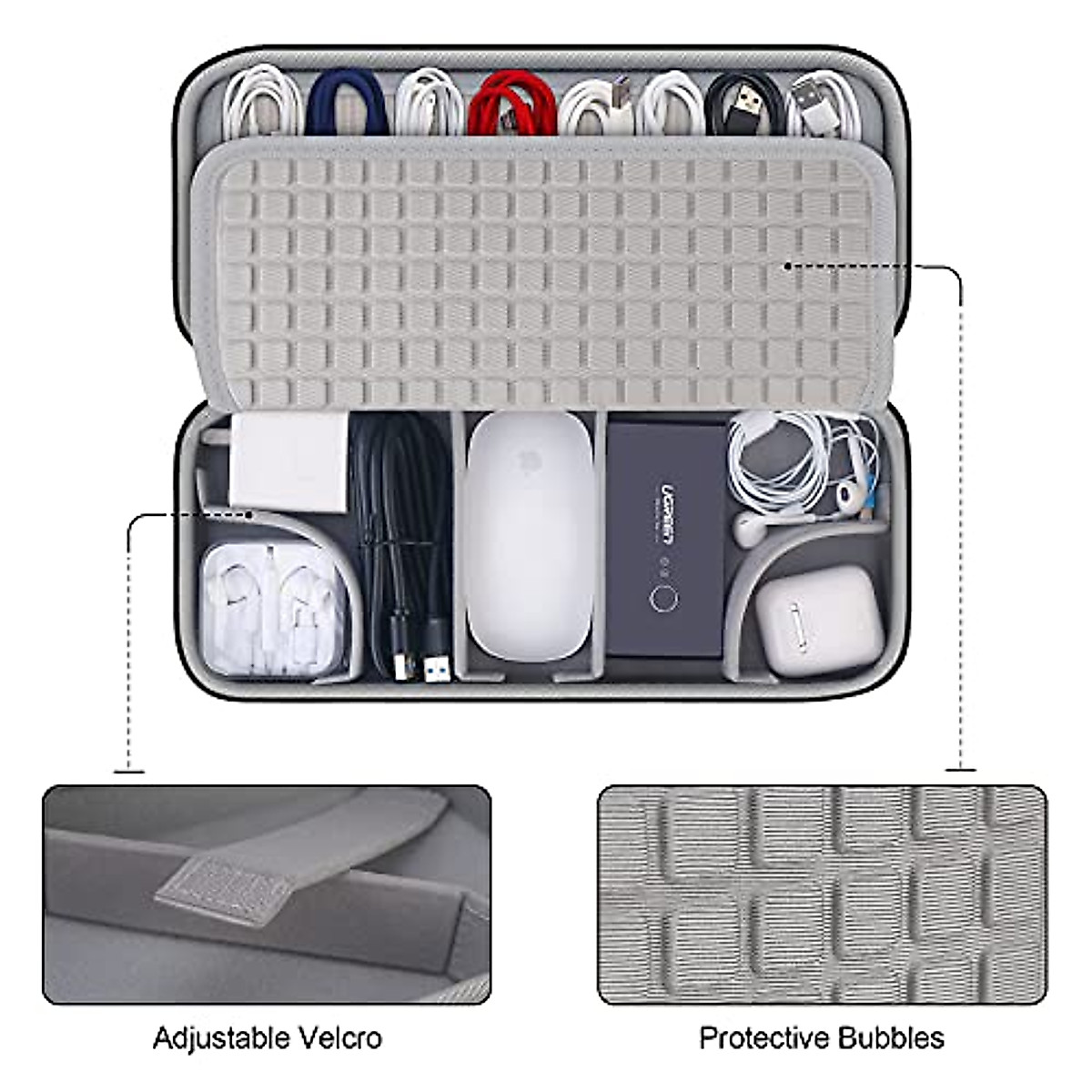 Hard Electronics Organizer, Universal Travel Cable Organizers, Large Electronic Accessories Storage Case Bag for Laptop Adapter, Cord, Charger, Plug, Hard Drive, Earphone, USB Hub, Black