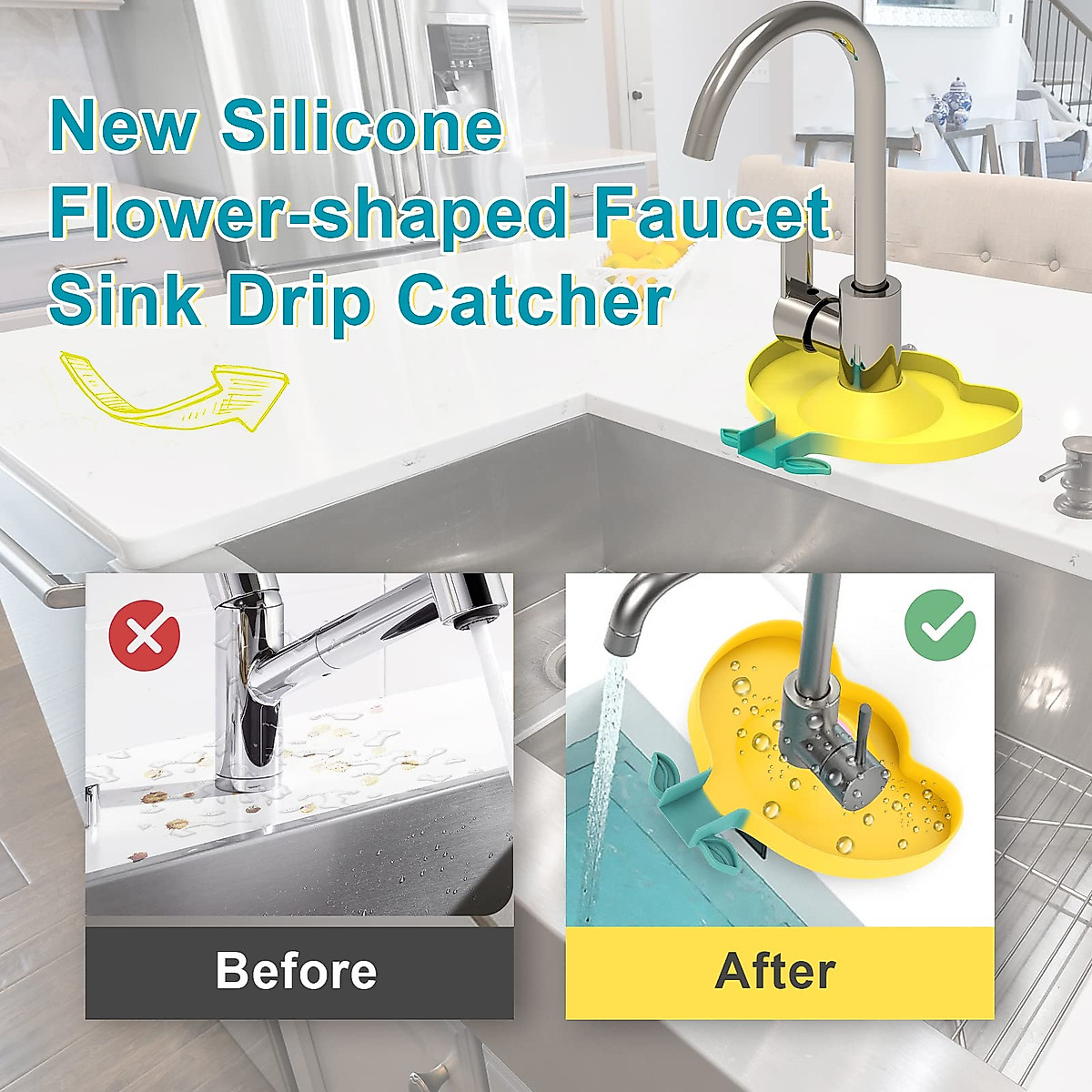 YBB 6 PCS Faucet Sink Splash Guard, Silicone Flower-shaped Kitchen Faucet Drip Catcher Sink Mat Water Draining Pad