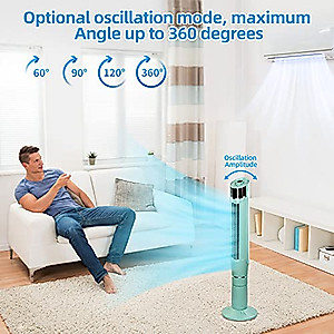 R.W.FLAME Tower Fan,360° oscillating standing fan, Room Fan, Portable Bladeless, Quiet Floor Fan with Remote, 8 Speeds, 3 Modes, 24H Timer for Bedroom, and Home Office Use (47-inch, GREEN)