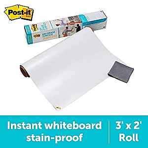Post-it Dry Erase Whiteboard Film Surface for Walls, Doors, Tables, Chalkboards, Whiteboards, and More, Removable, Stain-Proof, Easy Installation, 3 ft x 2 ft Roll , White, 3 x 2 Feet (DEF3x2)
