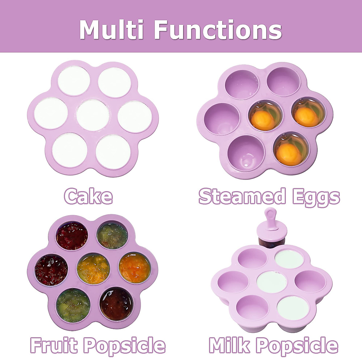Silicone Popsicle Molds 7-cavity DIY Ice Pop Mold with Colorful Sticks For egg biting ice cream molds baby food storage containers non stick cake molds (Purple)