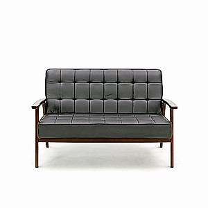 Panana 2 Seats Loveseat Sofa Couch Living Room Wood Frame Furniture, 2 Seater Sofa Armchair Two Seat Sofa Chair, Black Artificial Leather Upholstered Wooden Armrest Love Seats Small Sofa