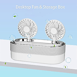 HUIQIMEI Portable Mini Desk Fan Storage Box Multifunction USB Fan 2-in-1 Double Rechargeable Fans 360° Adjustable Angle Mute Suitable for Home Office Travel Outdoor Good Gift