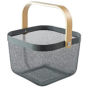 HOJKMA Mesh Steel Storage Organizer Basket, Multi-Functional Metal Wire Hanging Kitchen Baskets Fruit Basket with Bamboo Handle Ideal for Kitchen, Bathroom, Pantry, Cabinet Home, Shopping, Grey