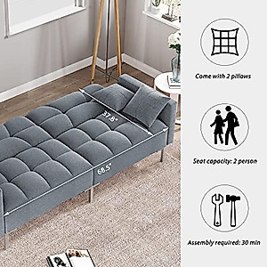 Merax Linen Upholstered Modern Convertible Folding Futon Sofa Bed with 2 Pillows and Metal Frame, for Compact Living Space, Apartment, Dorm, Dark Gray