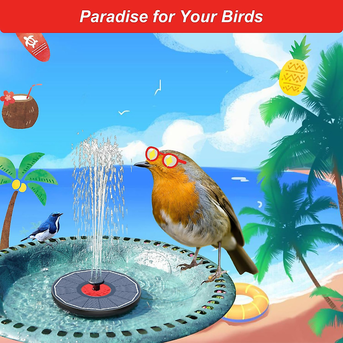 GAIZERL Solar Fountain with Red Flower - Attract Birds - 2024 Upgrade 3.5W Solar Bird Bath Fountains, Solar Powered Water Feature Fountain Pump with 7 Nozzles for Hummingbirds, Garden, Pool, and Pond