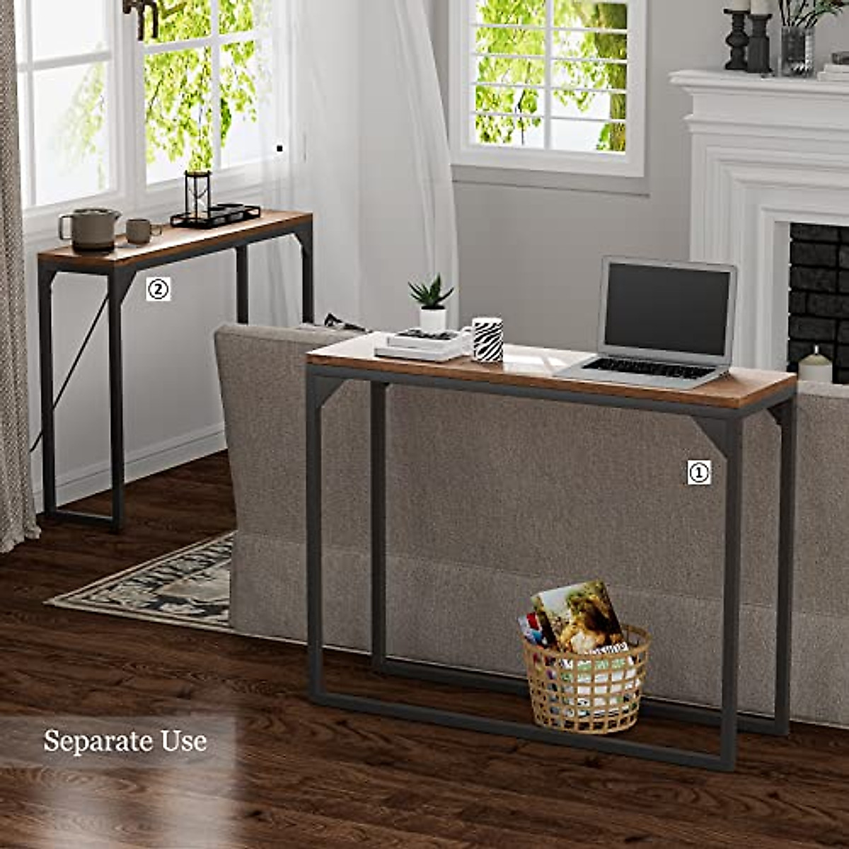 AISUNDY Console Table with Power Outlet & USB Ports, 63 Inch Narrow Long Sofa Table Set, Rustic Entryway Table Behind Sofa Couch, Industrial Vintage Hallway Table Nesting Side Table, Set of 2