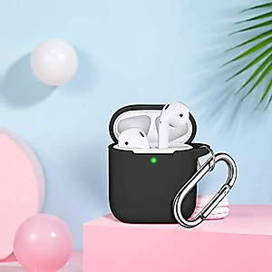 R-fun AirPods Case Cover, Soft Silicone Protective Cover with Keychain for Women Men Compatible with Apple AirPods 2nd 1st Generation Charging Case, Front LED Visible-Black