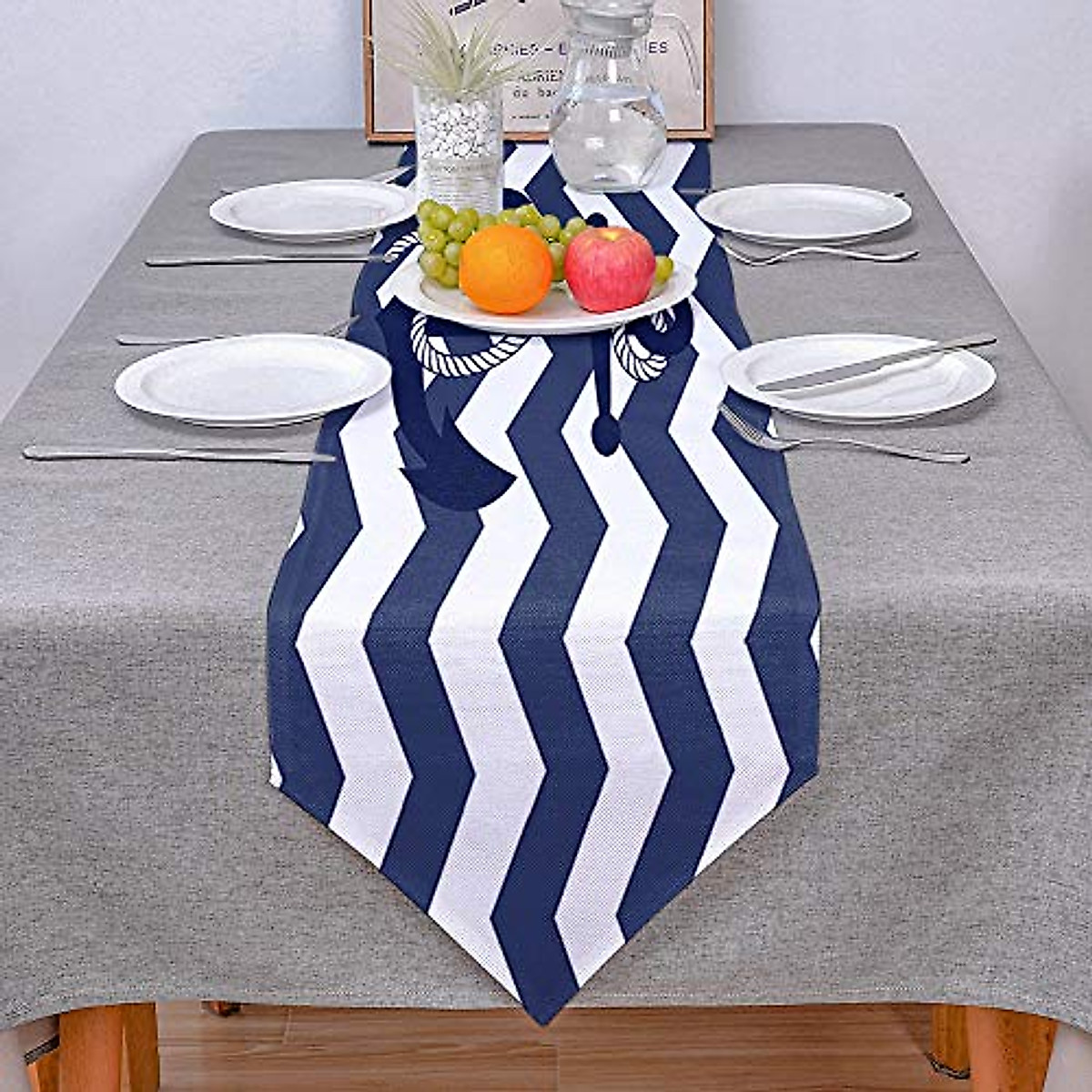 Big buy store Table Runner Nautical Anchor Cotton Line Table Covers for Dinner Kitchen Wedding Indoor and Outdoor Parties Chevron Zig Zag Pattern,Navy/White Table Setting Decor -13 x 70 inch