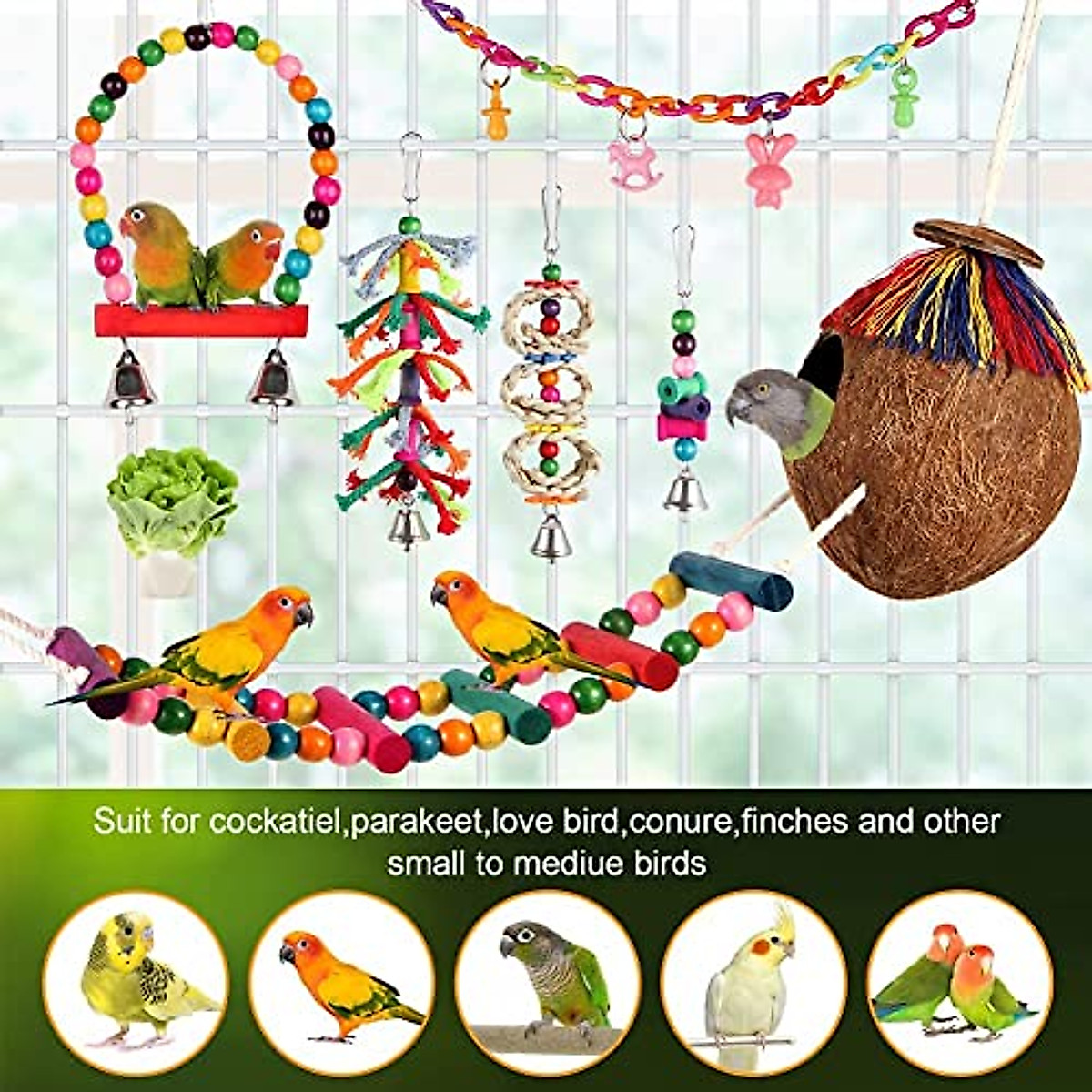 Bird Toys 17 Pcs Bird Parakeet Swing Chewing Hanging Toys Climbing Ladder Coconut Bird Cage Toys Suitable for Cockatiels,Conures,Finches,Budgie,Love Birds