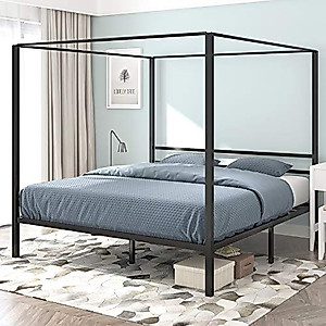 YITAHOME Metal Four Poster Canopy Bed Frame 14 Inch Platform with Built-in Headboard Strong Metal Slat Mattress Support, No Box Spring Needed, Black, King Size