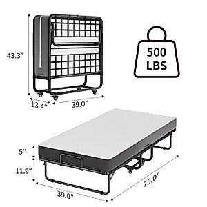 Folding Bed with Mattress 5" Memory Foam, 75" x 39" Portable Foldable Bed for Adults, Twin Rollaway Bed Guest Bed for Bedroom, Office, Camp, Space-Saving, Capacity 500lbs