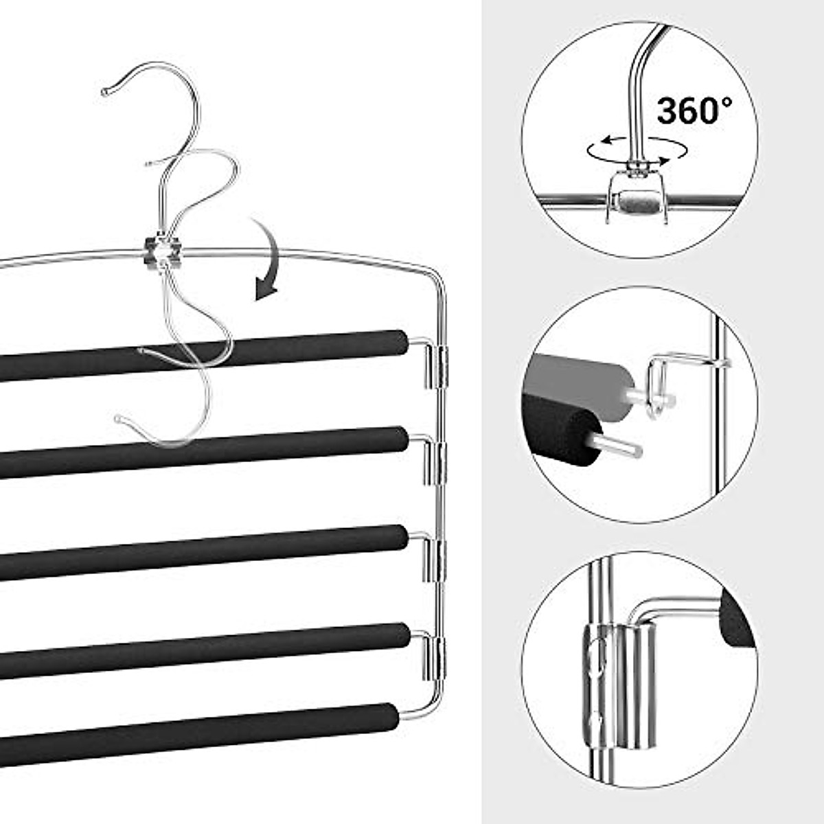 SONGMICS Pants Hangers Space Saving, 5 Layer Pants Hangers, Set of 3 Multiple Pant Hanger, Pants Organizer Hanger, Swing Arm Pants Hangers with Non-Slip Padding, Silver and Black UCRI041BK