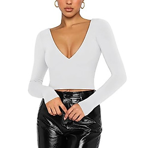 REORIA Womens Sexy Casual Plunge Deep V Neck Long Sleeve V Backless Double Lined T Shirts Fall Trendy Going Out Fitted Crop Tops Tees White Large