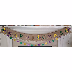 Mardi Gras Garland Burlap Banner - Fleur de Lis Mardi Gras Decorations - Mardi Gras Glitter Circle Dot Garland - Mardi Gras Party Decorations - Ready to Hang Mardi Gras Decor by Jolly Jon